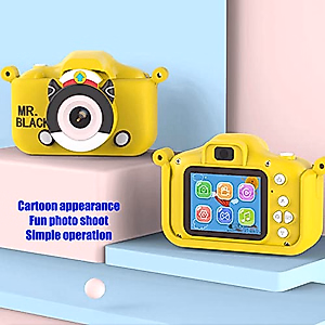 PUSOKEI Kids Digital Camera, 28 Fun Photo Frames, Cartoon Cameras for Kids, Lightweight 2in Screen Children Camera with Dual Front and Rear Cameras(Yellow with 32G Memory Card and Card Reader)