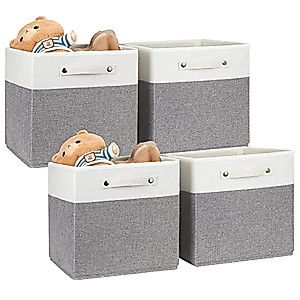 Araierd Fabric Storage Cube Bins |12x12 Cube Storage Bin with Handle, Cubby Closet Storage Bins Baskets for Organizing Shelves for Toy, Clothes(White&Grey)(12”x12”x12”-Pack of 4)