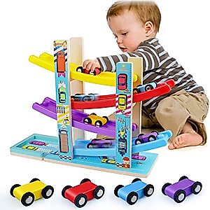 Montessori Toys for Toddlers, Children Race Track Toy with 4 Cars and 1 Wooden Parking Lot, Stable Base, Car Ramp Toy for 1 2 3 Year Old Boy Girl Gifts