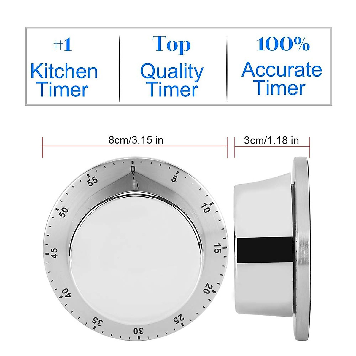 Kitchen Timer, Acogedor Mechanical 1-Hour Kitchen Timer, Stainless Steel Countdown Timer, Long Loud Ring, Magnetic Kitchen Timer Clock for Cooking - Silver(Silver)