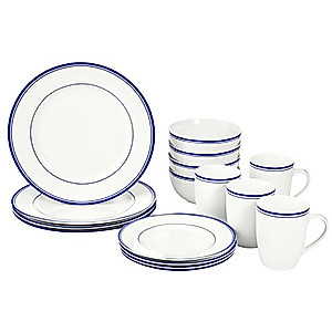 Amazon Basics 16-Piece Cafe Stripe Kitchen Dinnerware Set, Plates, Bowls, Mugs, Service for 4, Blue
