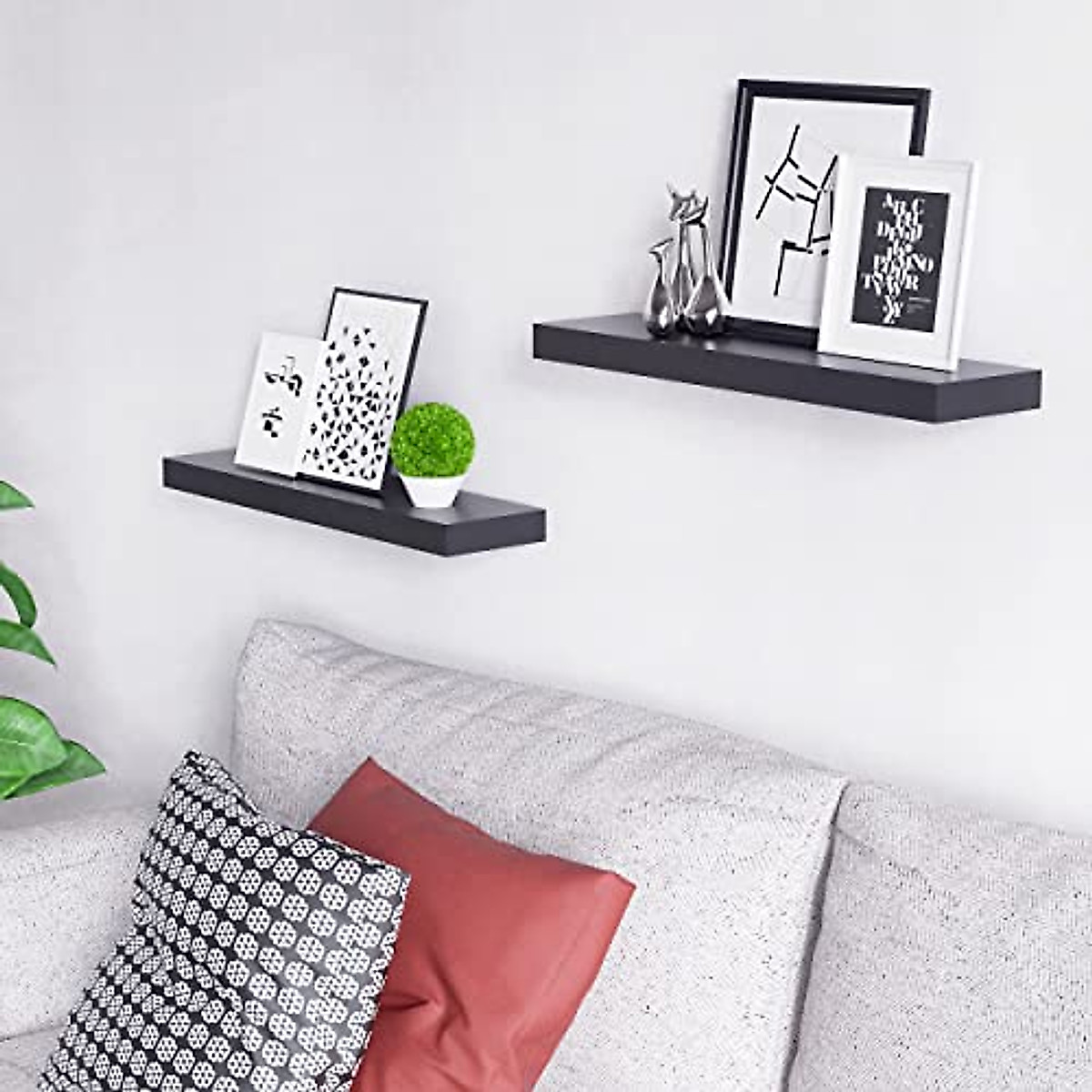 Ballucci Floating Book Shelves, 2-Pack 24" Wood Wall Mount Ledges with Invisible Brackets for Living Room, Bedroom, Bathroom, Kitchen, Nursery, 6" Deep - Black