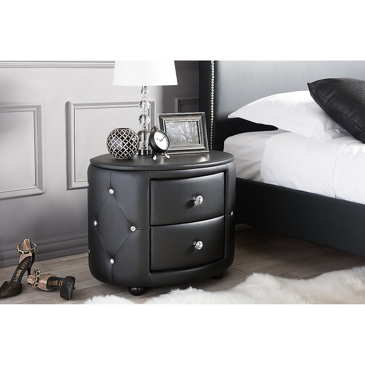 Baxton Studio Davina Hollywood Glamour Style Oval 2-Drawer Faux Leather Upholstered Nightstand, Medium, Black