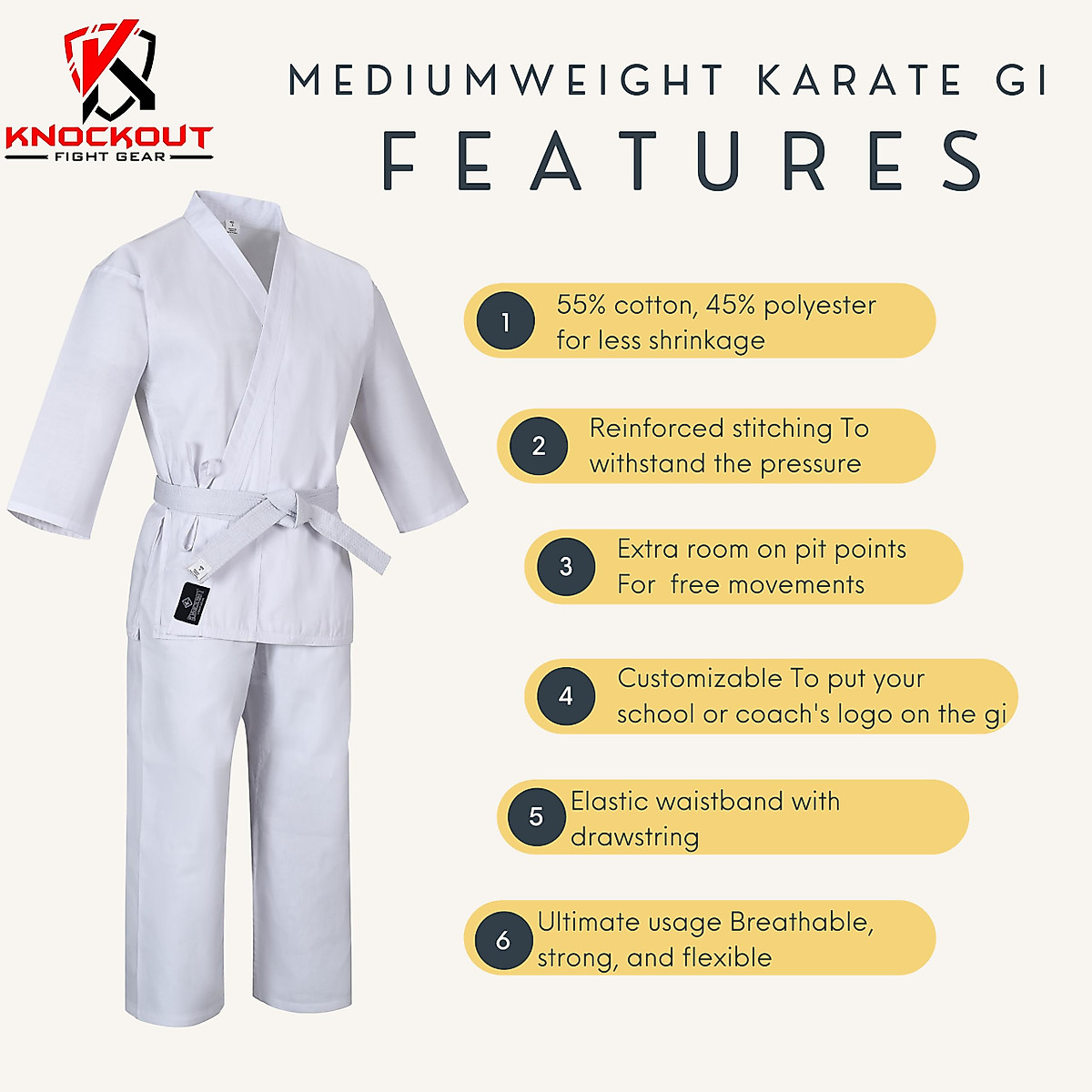 Knockout Fight Gear Karate Gi Kids & Adults Medium Weight Martial Arts Uniform Student Karate Gear With Free White Belt (White, 00 (3'9"-4'/50 lbs))
