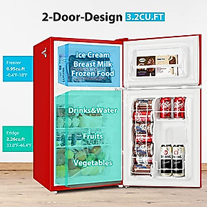 BANGSON Mini Fridge with Freezer, 3.2 CU.FT Small Refrigerator with Freezer, Door Handle, Bottle Opener, For Bedroom, Dorm, Office, Home, Garage or RV, (Red)…