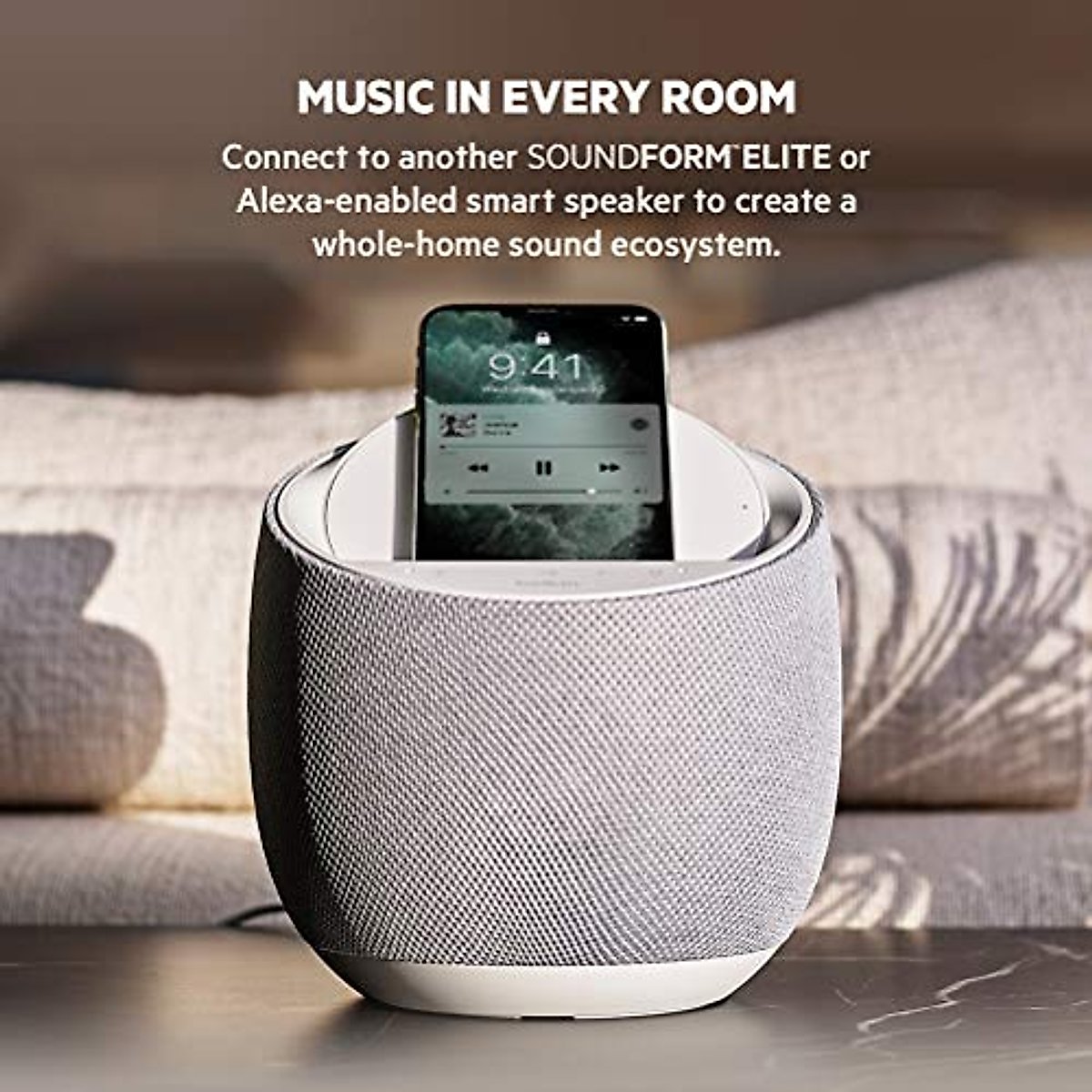 Belkin SOUNDFORM Elite Hi-Fi Smart Speaker + Wireless Charger (Alexa Voice-Controlled Bluetooth Speaker) Sound Technology By Devialet, Fast Wireless Charging for iPhone, Samsung Galaxy & More - Black