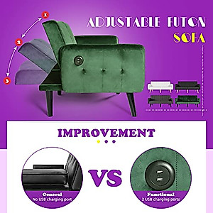TYBOATLE 65" W Velvet Modern Convertible Folding Futon Couch Sofa Bed w/ 2 USB Charging Ports and arms, Loveseat for Compact Living Space, Dorm, Game Studio, Bonus Room, Apartment, Bedroom (Green)