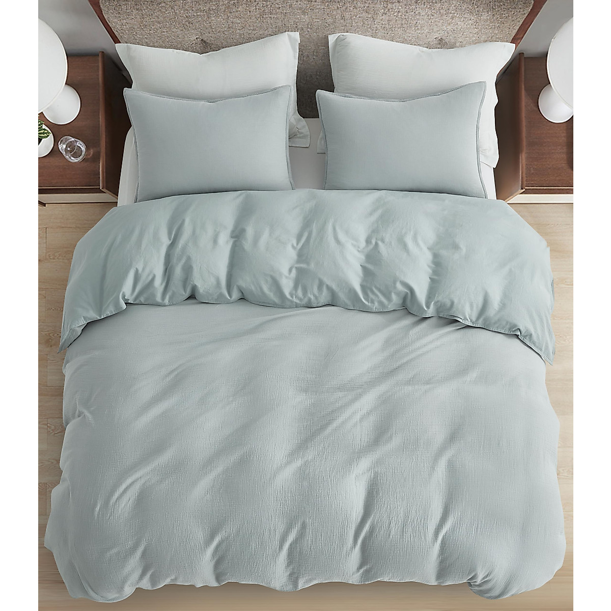 Chezmoi Collection Breeze 3-Piece Cotton Gauze King Duvet Cover Set, Light Blue-Gray Soft Washed Cotton Linen Like Textured Breathable Comforter Cover with Button Closure