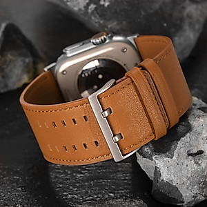 Tefeca Dual Series Band Compatible with Apple Watch Ultra 2/Ultra 49mm, Series 10 46mm, Series 9/8/7 45mm, SE2/SE/6/5/4 44mm (Brown Leather with Silver Adapters, 49/46/45/44mm)