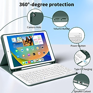 Keyboard Case for iPad 9th/8th/7th Generation 10.2 Inch 2021/2020/2019, Soft TPU Back Stand Cover Smart Case with Pencil Holder, Magnetically Detachable Wireless Bluetooth Keyboard, Dark Green