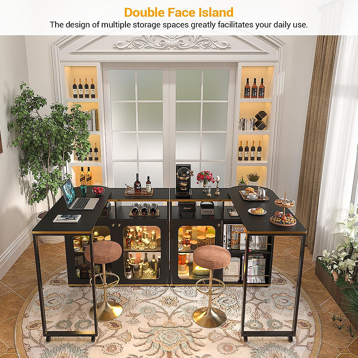 Cyclysio 360° Rotating Bar Cabinet, 59" Home Bar with LED Light & Charging Station, Double-Sided Foldable Liquor Wine Cabinet with Storage for Bar, Liquor, Coffee, Dining, Working, Black