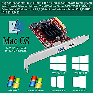 PCIE to USB 3.1 GEN2 10Gbps Card for Windows 7, 8.1, 10, 11 (32/64) and MAC OS 10.9,10.10,10.12,10.13,10.14,10.15 PCs, Built in Smart Power Control Technology, 1X USB-C and 1XUSB-A (PCE-U31AC)