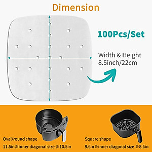 Air Fryer Disposable Paper Liner - 100Pcs 8.5inch Air Fryer Parchment Paper Sheets - Square Oven Air Fryer Liners Sheets for Baking - Perforated Unbleached power xl Airfryer Accessories