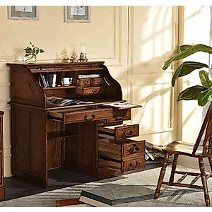 Small Home Office or Student Roll Top Desk- Solid Oak Wood Single Pedestal 40.5Wx24Dx45H BW Organizer Desk Quality Crafted Construction Locking File Drawers Dovetailed Secretary Desk Easy Assembly
