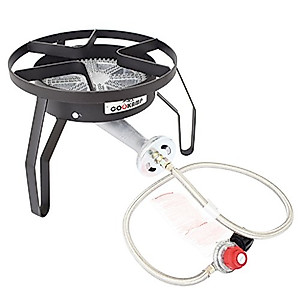 COOKAMP High Pressure Banjo Single Burner Outdoor Propane Burner Gas Stove with 0-20 PSI Adjustable Regulator and Steel Braided Hose SA1150