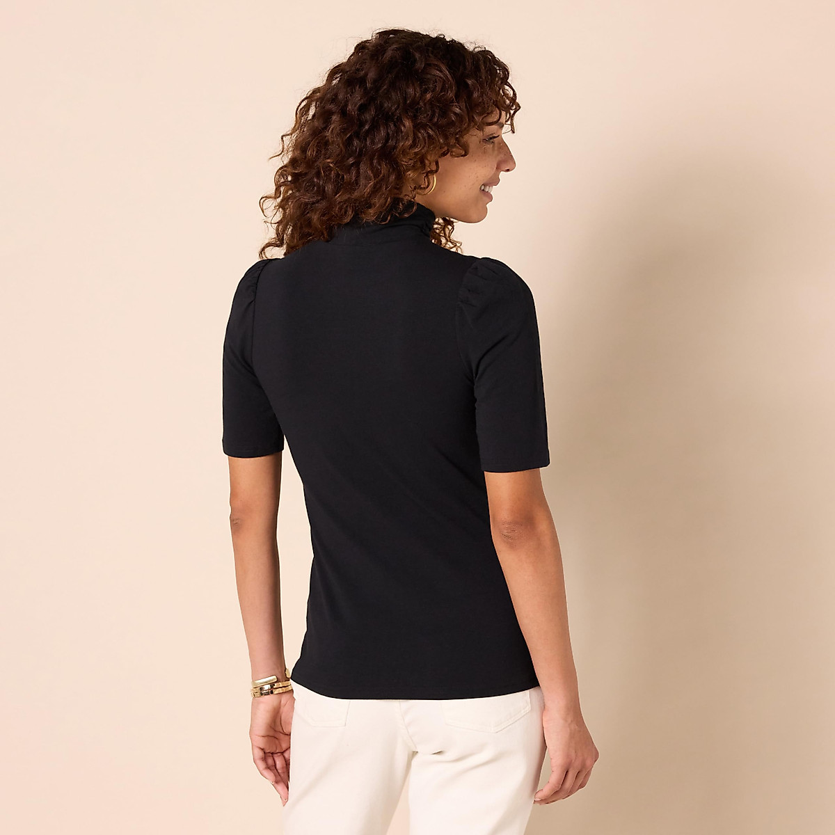 Amazon Essentials Women's Cotton Modal Draped Puff Sleeve Turtleneck, Black, Large