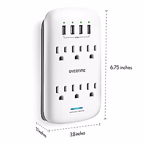 6 Outlet Extending Surge Protector, Multi Outlet Extender Wall Adapter with 4 USB Fast Charging Ports, 6 AC Outlets, Phone Mount, 1200J Surge Protection, ETL Certified (1-Pack, White)
