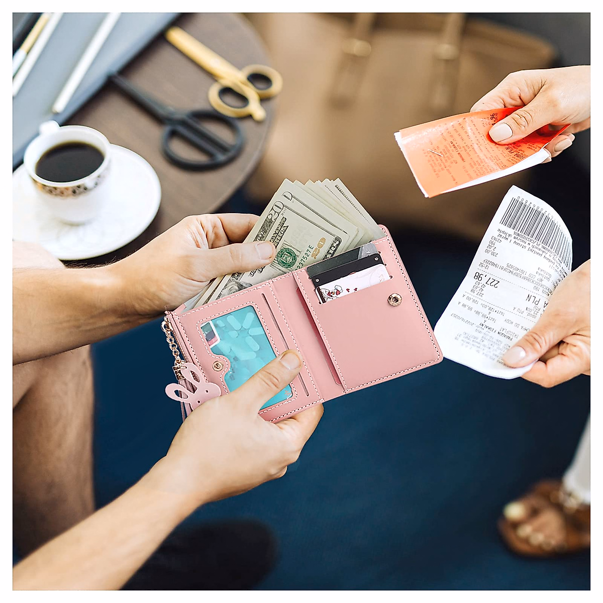 FuninCrea Ladies Zipper Wallet, Small Purse with Metal Snap Button, Leather Wallet for Women with Coin Bag, Multifunction Ladies Bifold Wallets, Credit Card Holder Wallet for Girls (pink)