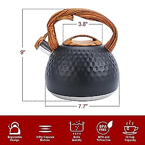 KIAADSY Tea Kettle, 3.2 Qt Stainless Steel Whistling Tea Kettle for Stove Top, Food Grade Teapot with Wood Pattern Handle for Coffee, Tea, Milk etc, Gas Electric Applicable-Black