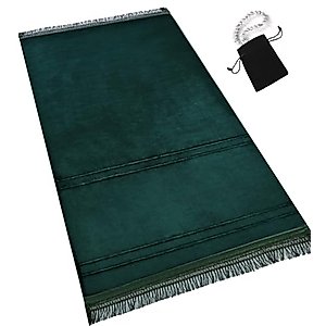 Prayer Rug Muslim Mat Islamic - Thick Large Padded Sajadah Men Women with Islam Prayer Beads for Eid Travel Ramadan, Soft Luxury Great for Knees and Forehead(Green)