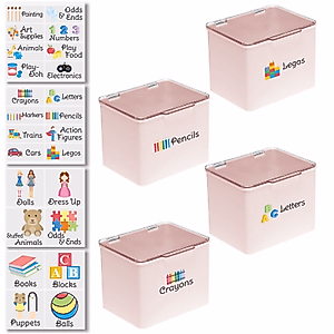 mDesign Plastic Stackable Storage Organizer Toy Box with Lid for Action Figures, Crayons, Markers, Building Blocks, Puzzles, Craft or School Supplies - Pack of 4, Includes 32 Labels - Light Pink/Clear
