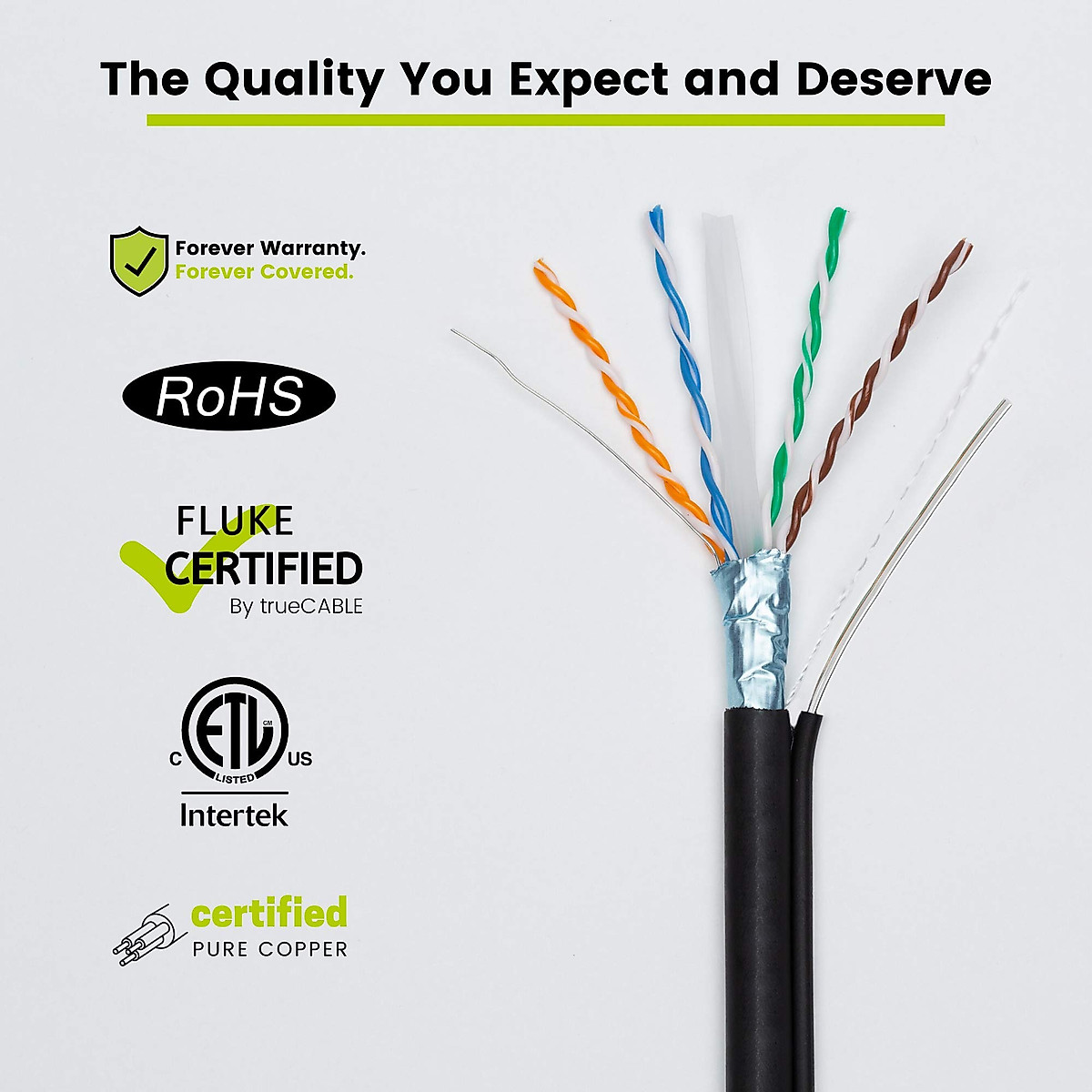 trueCABLE Cat6 Outdoor W/Messenger, Shielded FTP, 1000ft, UV, Aerial, CMX, Black, 23AWG Solid Bare Copper, 550MHz, PoE++ (4PPoE), ETL Listed, Bulk Ethernet Cable