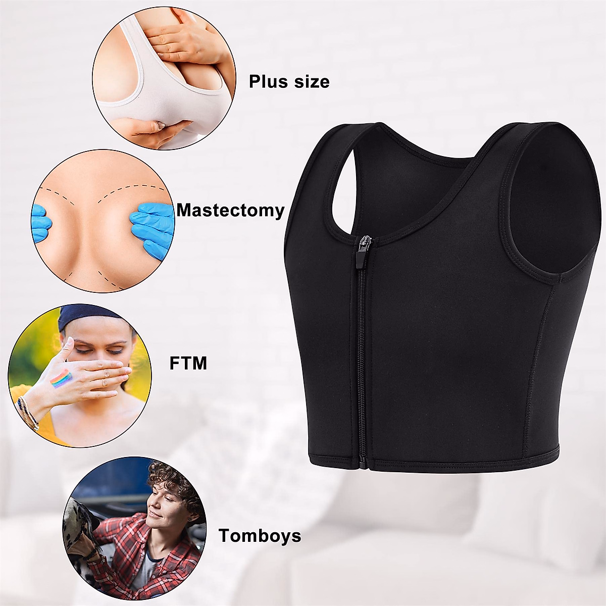 BRABIC Women Chest Binder Bra Bustier for Transgender Tomboy FTM Short Corset Zip Up Elastic Binder Trans Tank Top (XX-Large, Black)