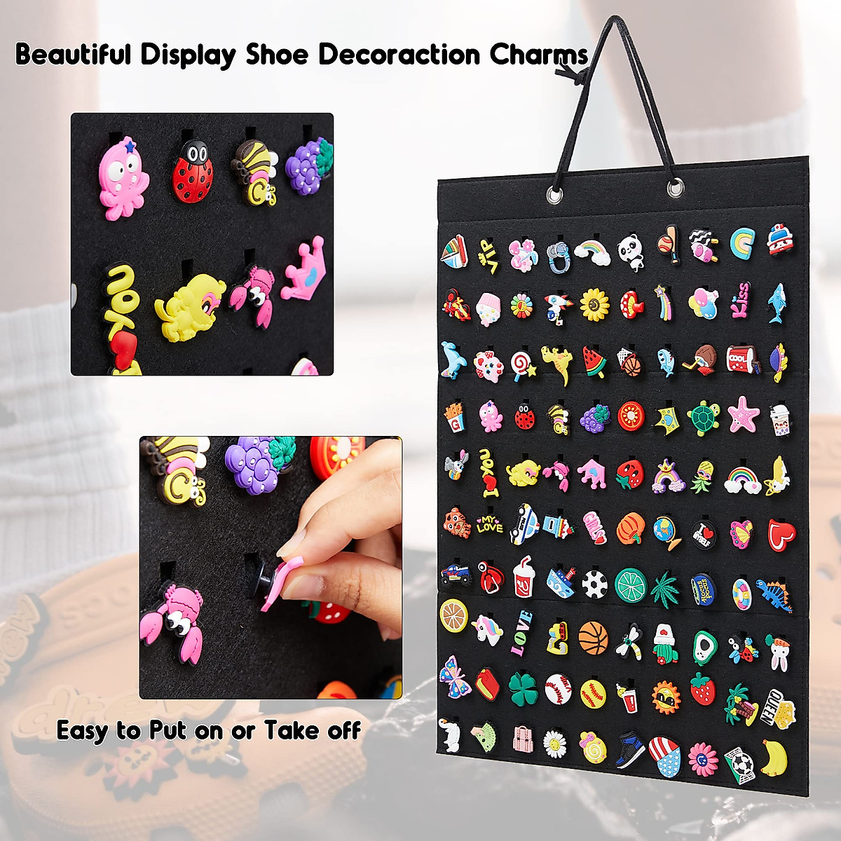 HUHYNN Shoe Charms Organizer, Hanging Shoe Charms Holder Organizer with 100 Holes for Crocs Charms Holder, Wall Mounted Shoe Charm Display, Holding up to 100pcs(No Accessories Included) (Black)