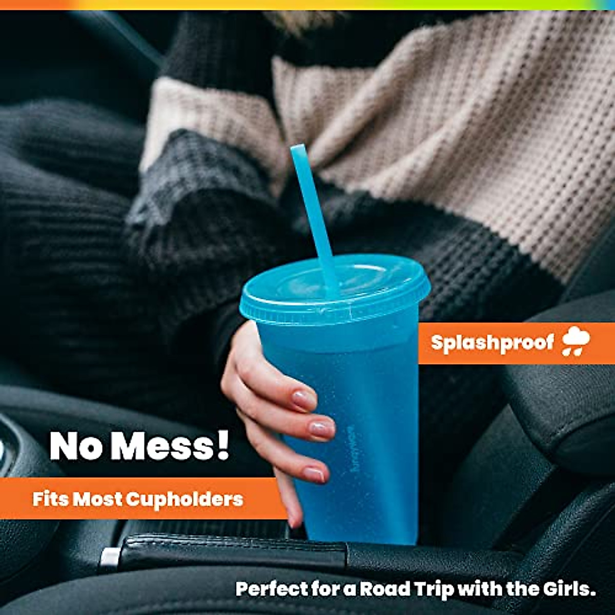 Cups with Lids and Straws for Adults - 5 Glitter Reusable Cups with Lids and Straws in Rainbow Colors, 24 oz Iced Coffee & Bulk Party Tumblers, Plastic Tumbler with Lid and Straw for Water & Smoothie