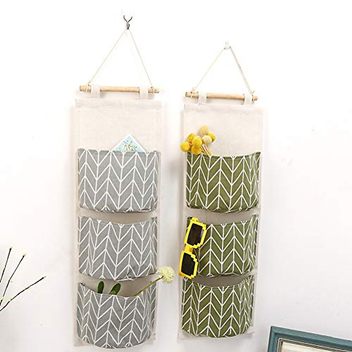 litymitzromq Hanging Organizer, 3 Pockets Wall Door Closet Home Hanging Storage Bag Linen Fabric Wardrobe Organizer Pouch Space Saving Household Tool Green
