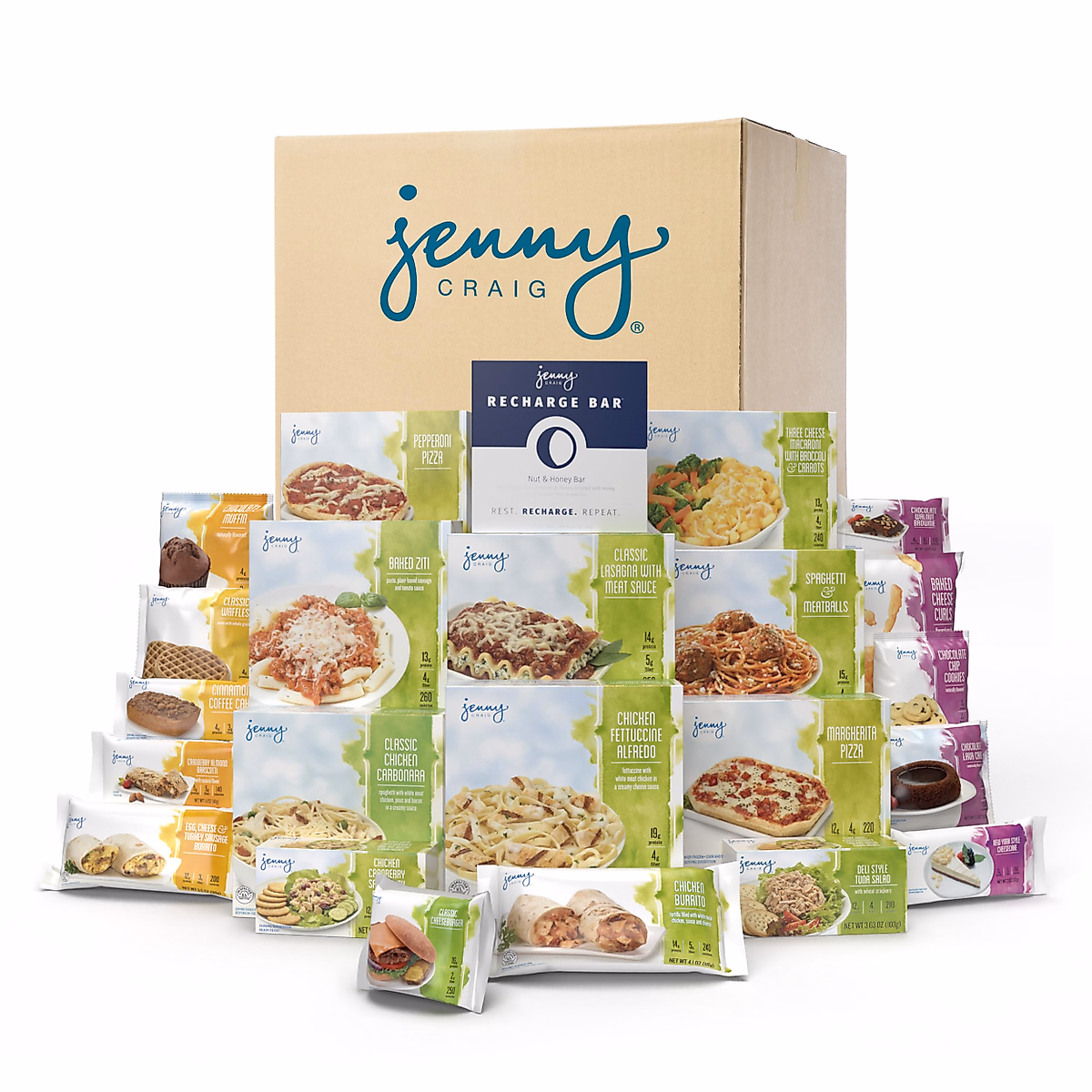 Jenny Craig 7-Day Meal Kit – Frozen Meal Kit Includes 28 Meals and 7 Recharge Bars - Enjoy Breakfasts, Lunches, Dinners, Snacks, Desserts, and the REVOLUTIONARY Recharge Bar