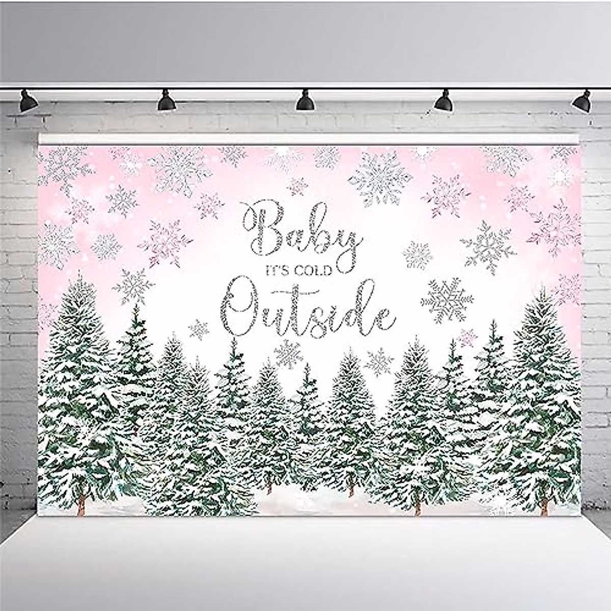 Mehofond 7x5ft Winter Baby Shower Pink and Green Backdrop Baby It's Cold Outside Snowflake Silver Gliter Photography Background Our Little Baby Is on the Way Party Banner Decorations Photo Booth Props