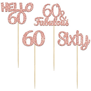 Gyufise 24Pcs Rose Gold Glitter 60th Birthday Cupcake Toppers Hello 60 Sixty Cake Toppers 60 & fabulous Cupcake Picks 60th Birthday Cake Decorations Supplies