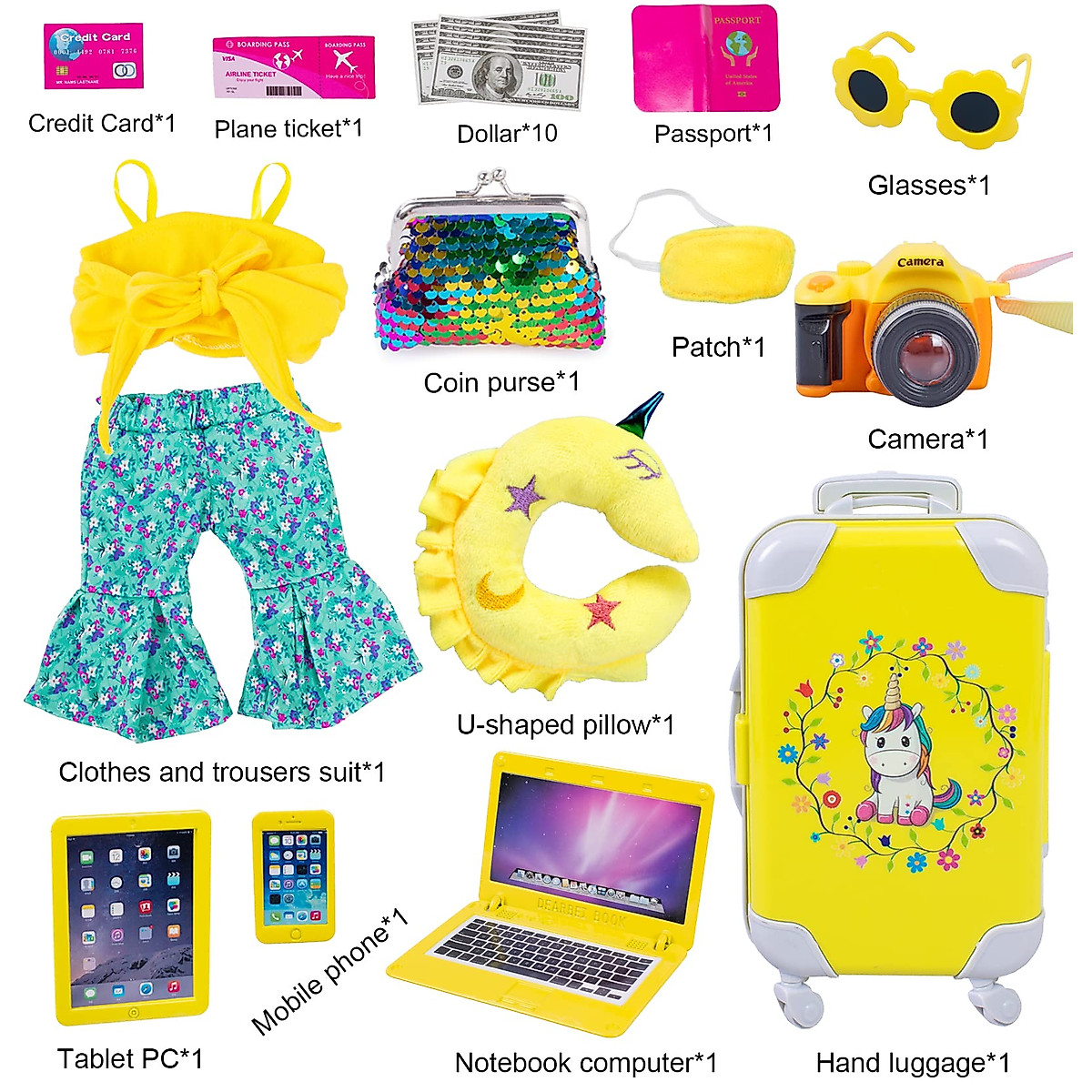 ebuddy Doll Clothes and Accessories 18 Inch Doll Travel Set with Unicorn Printed Luggage Suitcase Fit for 18 inch Girl Doll,Most 18 Inch Dolls(No Doll)