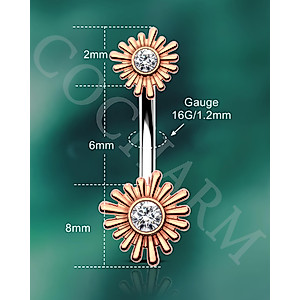 COCHARM Sun Rook Earrings 16g 18K Rose Gold Sun Piercing Jewelry 6mm Rook Barbell 6mm Short Rook Bar Cute Daith Earring Daith Rook Piercing