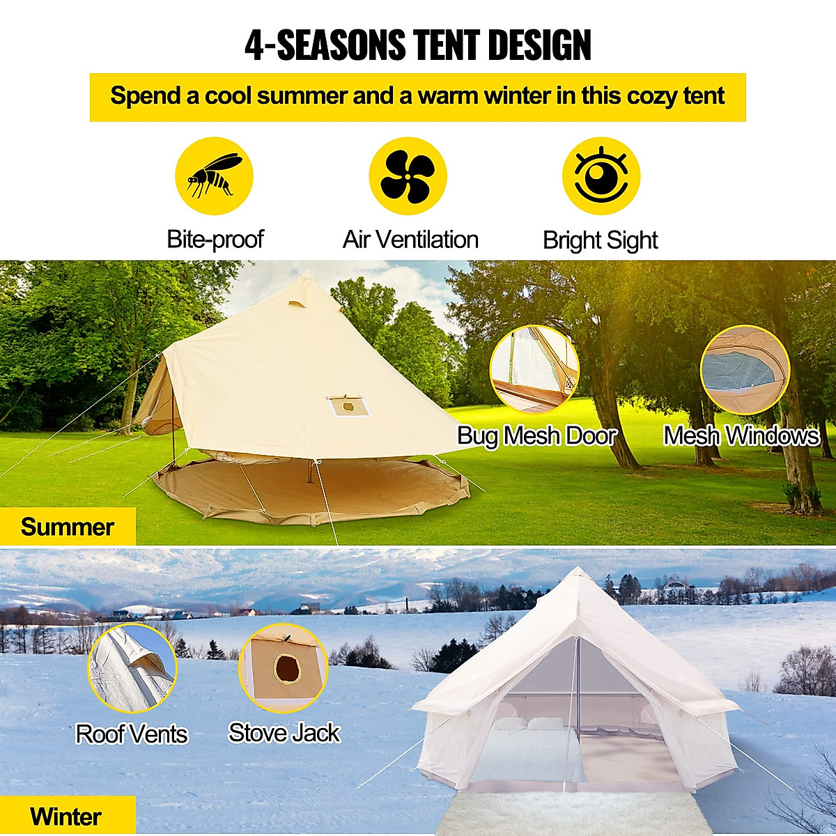 Happybuy Canvas Bell Tent, Waterproof & Breathable 100% Cotton Retro and Luxury Yurt with Stove Jack, 16.4ft / 5m Diameter, Large Canopy Used in 4 Seasons, for Family Camping, Outdoor Glamping, Party