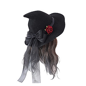 OhMill Women's Halloween Witch Hat Knit Head Ornament with Rose Big Bow Decoration,for Christmas Fancy Dress Cosplay Party Prop or Daily Wearing (Black Gauze Bow knot)