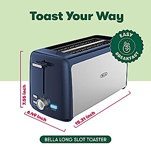 BELLA 4 Slice Long Slot Toaster, Stainless Steel and Blue