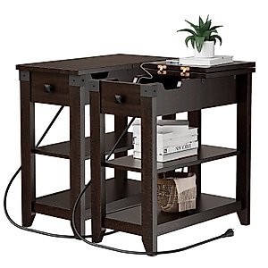 Set of 2 Narrow End Tables, Flip Top Side Tables with Charging Station, Farmhouse Nightstands with Storage for Small Spaces, Sofa Bedside Tables for Living Room and Bedroom, Espresso