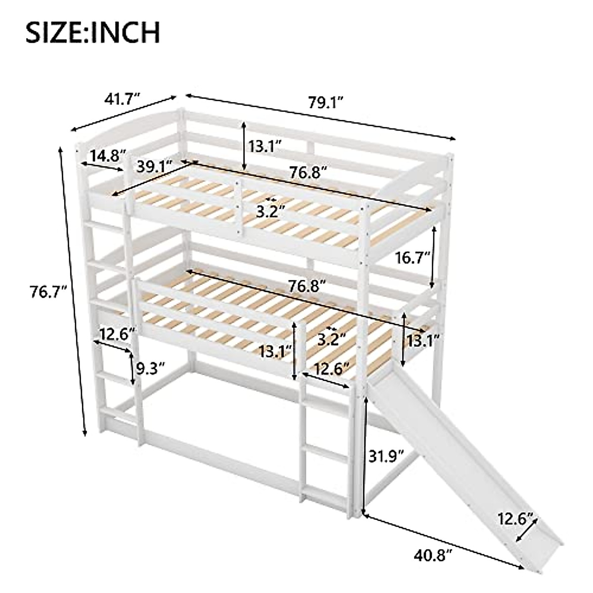 KoiHome Twin Over Twin Over Twin Adjustable Triple Bunk Bed with Slide & Two Ladders, Full-Length Guardrail & Solid Slat Support, Space-Saving for Kids Teens Bedroom, No Box Spring Needed, White
