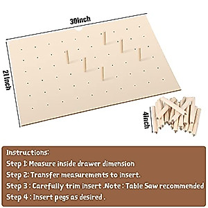 30 x 21 Inch Wood Drawer Peg Board with 20 Pegs Adjustable Deep Drawer Peg Board System Wood Drawer Organizer for Home Kitchen Shelf Cupboard Storage Food Containers Cookware Serveware Utensils