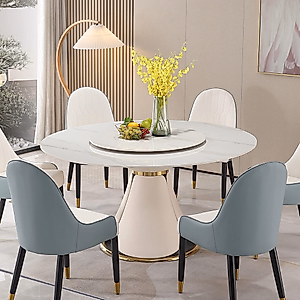 Runboll 59" Sintered Stone Round Dining Table with Detachable Lazy Susan Modern Dinner Table with 31.5" Round Turntable, PU Leather and Metal Pedestal(Not Included Chairs)