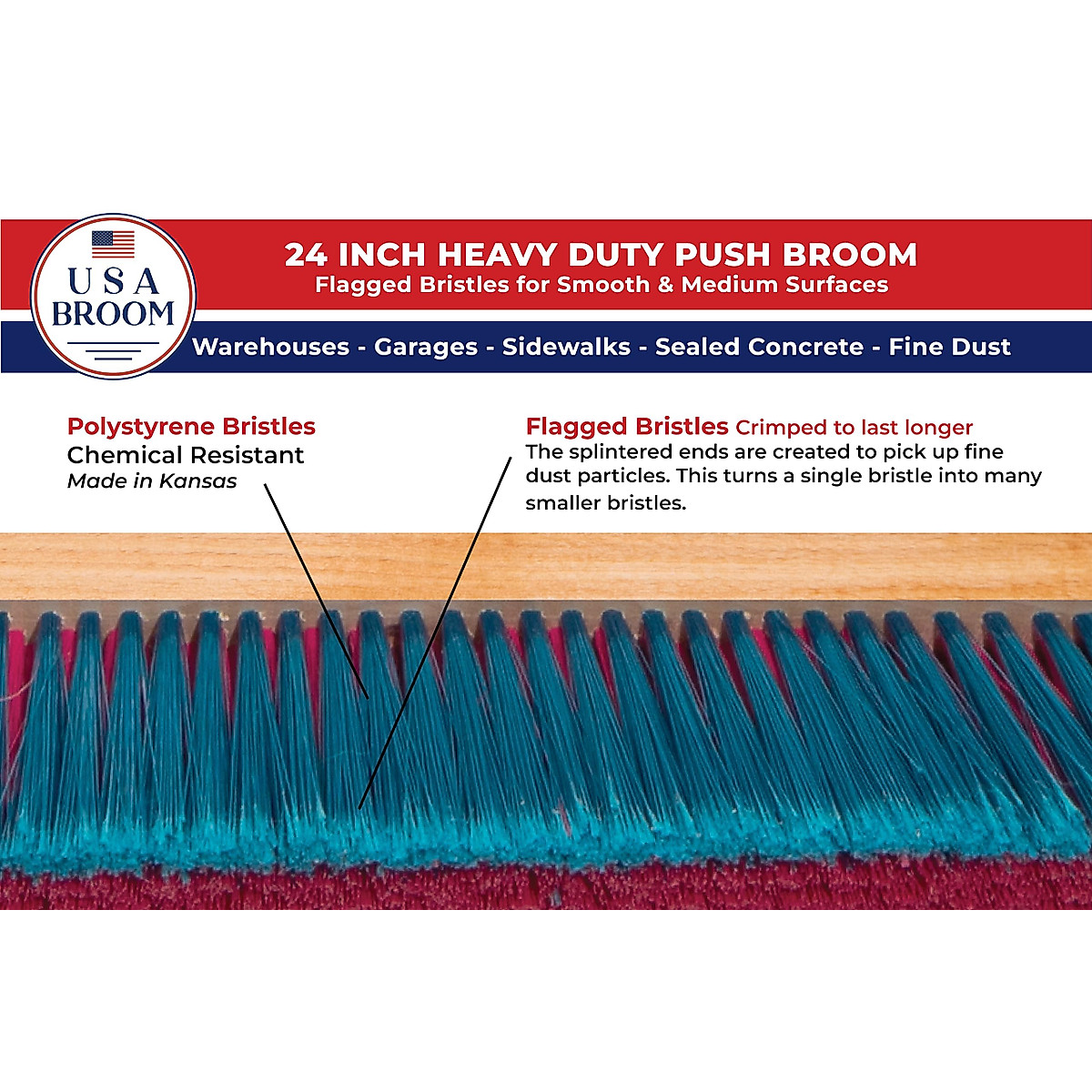 USA Broom 24" Heavy Duty Indoor/Outdoor Push Broom with 60" Handle. Ideal for Garages & Shops. Durable American Made Steel Brackets-All Stainless Steel Hardware. No Plastic. 100% Made in The USA.