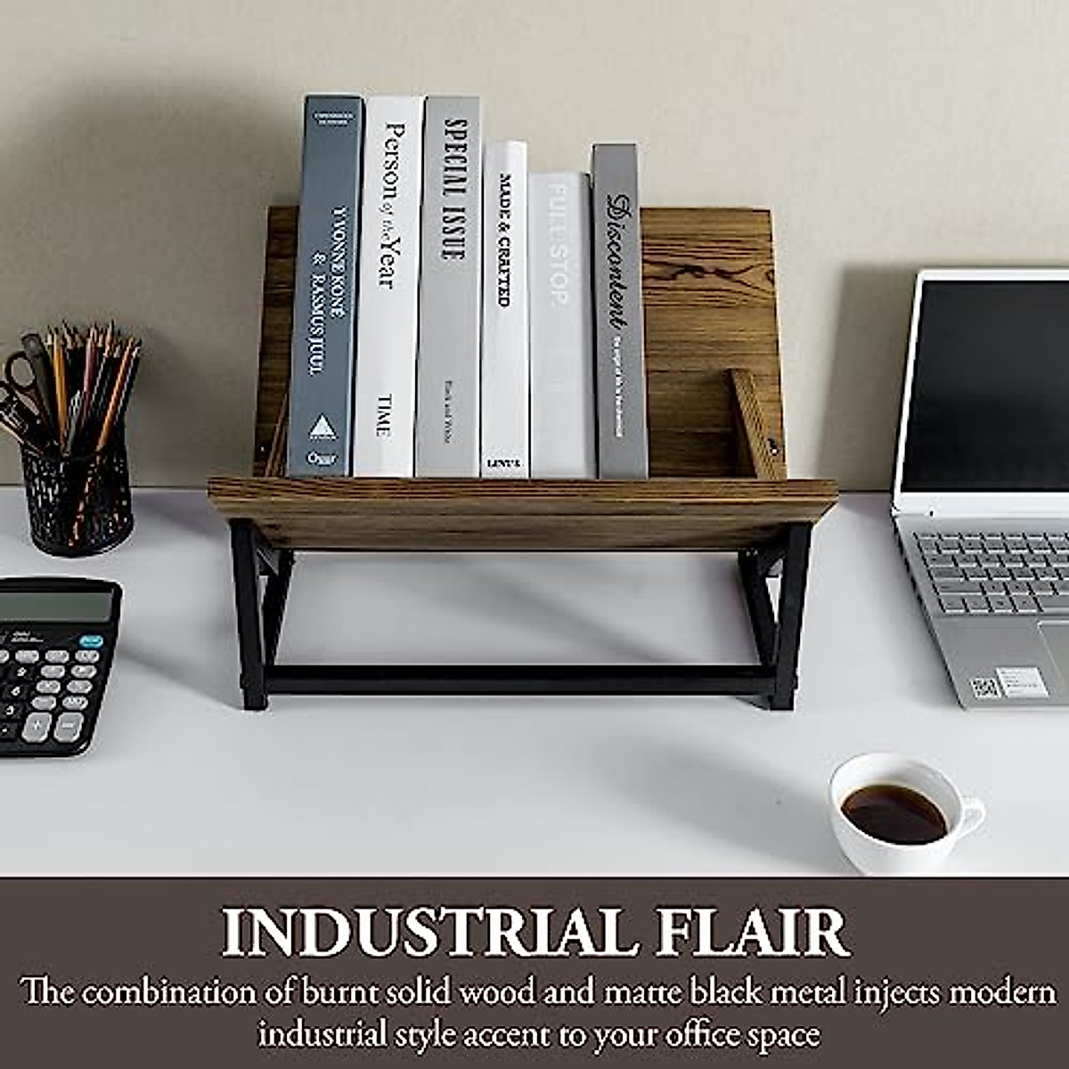 MyGift Rustic Burnt Solid Wood and Industrial Matte Black Metal Tilted Book Display Rack Shelf, Desktop Storage Organizer Bookshelf, Decorative Standing Bookcase