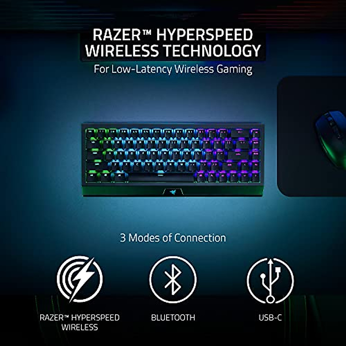 Razer BlackWidow V3 Mini HyperSpeed 65% Wireless Mechanical Gaming Keyboard: Green Mechanical Switches Tactile & Clicky - Phantom Pudding Keycaps - Chroma RGB - Up to 200 Hr Battery Snap Tap