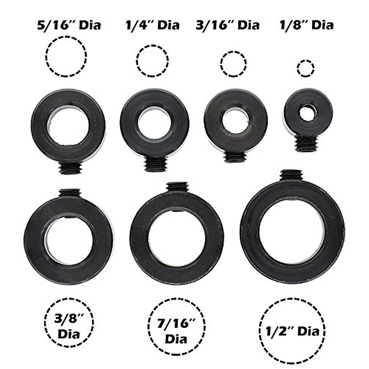 Rocaris Drill Stop Bit Collar Set – Kit Includes: 1/8", 3/16”, 1/4”, 5/16”, 3/8”, 7/16” and 1/2-Inch with Allen Wrench to Tighten The Stops Set-Screws (7-Piece)