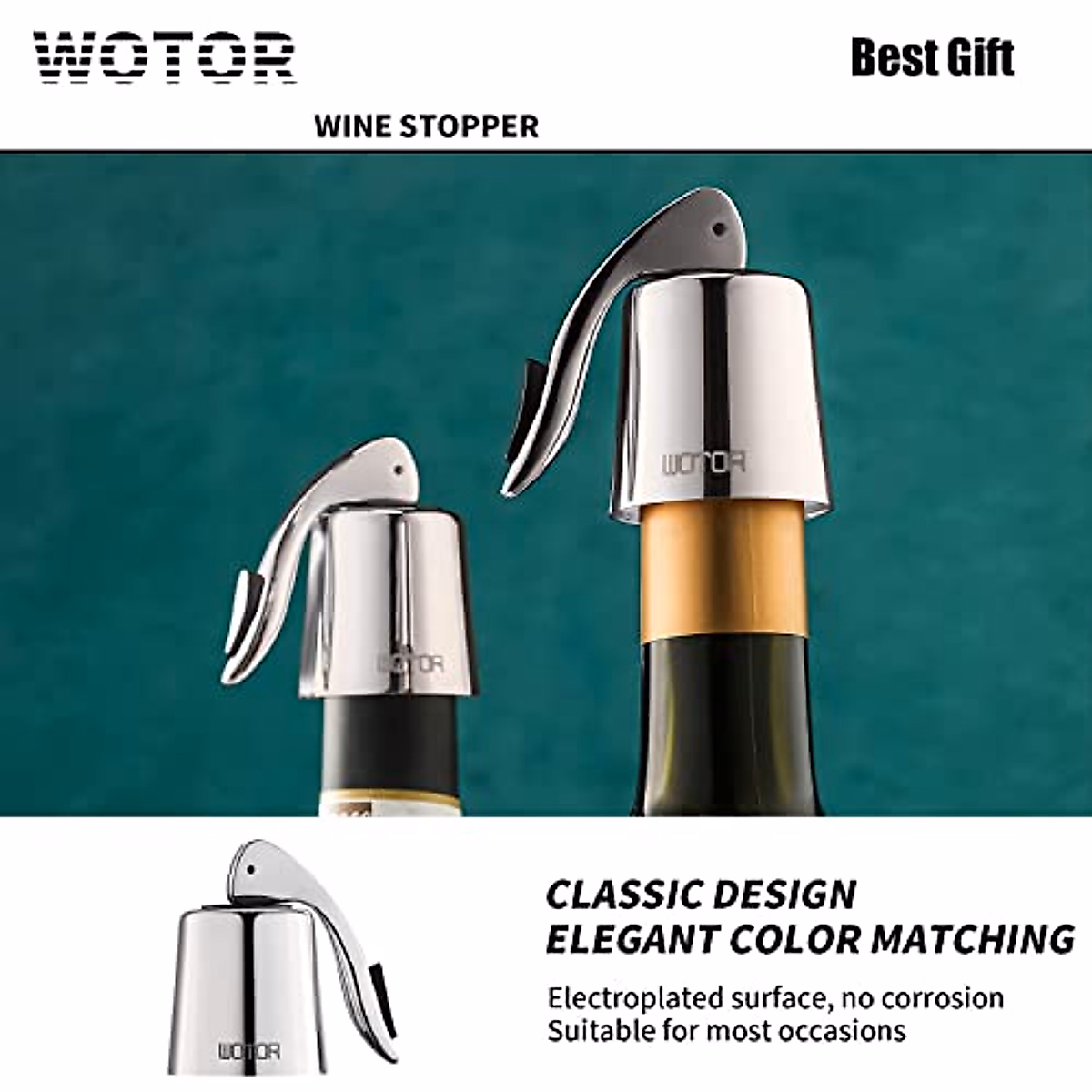 WOTOR Wine Stoppers Stainless Steel Wine Bottle stopper Plug with Silicone, Reusable Wine Saver, Wine Corks, Decorative Wine Bottle Sealer Leak proof Keep Fresh Silver 2 pack