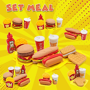 Sotodik Pretend Play Food Set for Children,Removable Fast Food Playset with Tray Hamburger Hotdog Fries Combo,Play Kitchen Accessories Role Play Toys,Educational Gift for Kids Boys Girls (15 PCS)