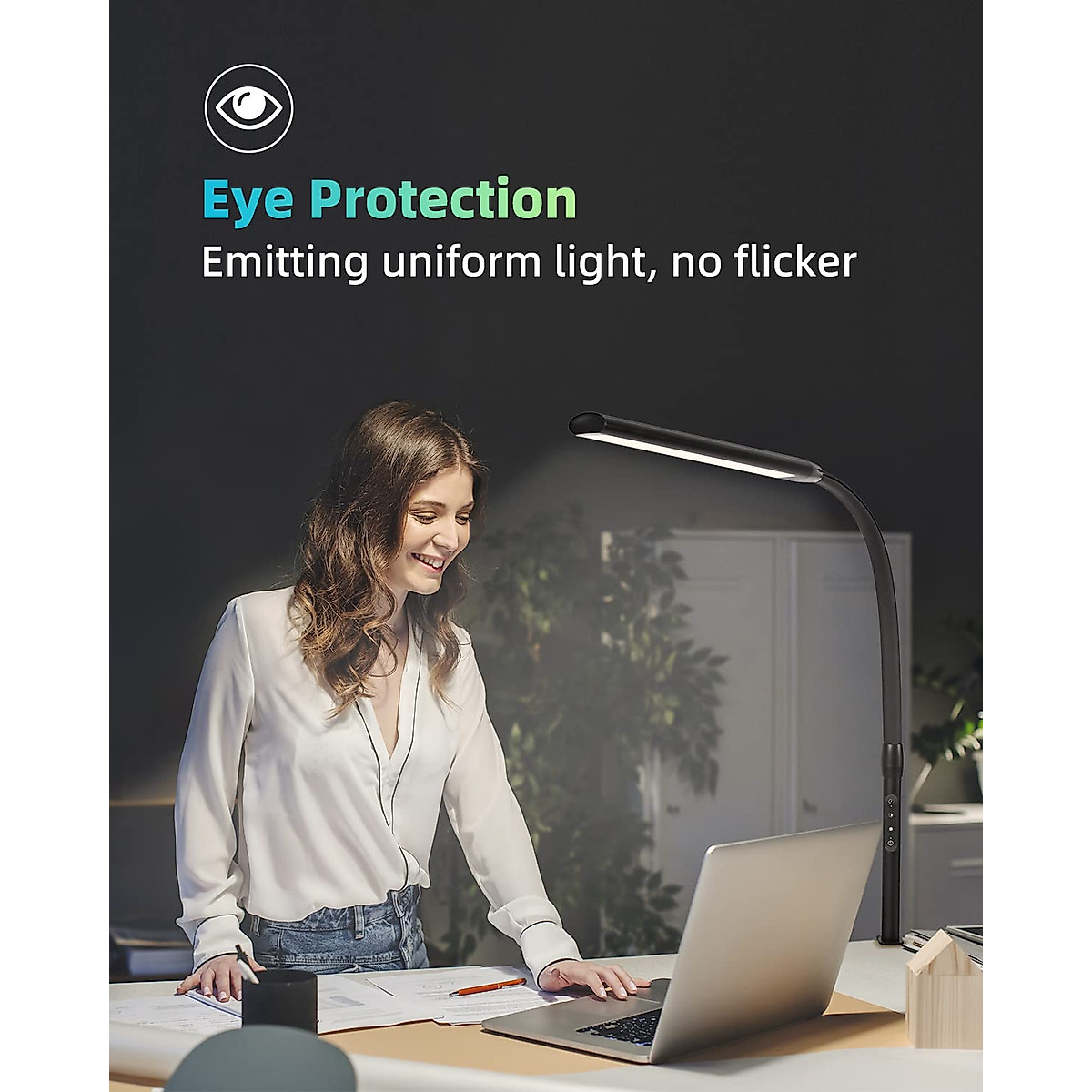 LED Desk Lamp with Clamp, 12W Gooseneck Task Light with 24V Adapter, 5 Brightness Levels & 5 CCT Adjustable Clip Table Lamp, Timer & Memory Functions, Eye-Caring Clamp-on Desk Lamps for Home Office