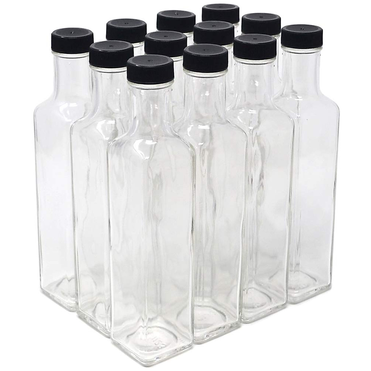 nicebottles - Clear Glass Quadra Bottles, 250ml, Black Caps (8.5 Fl Oz) - Case of 12